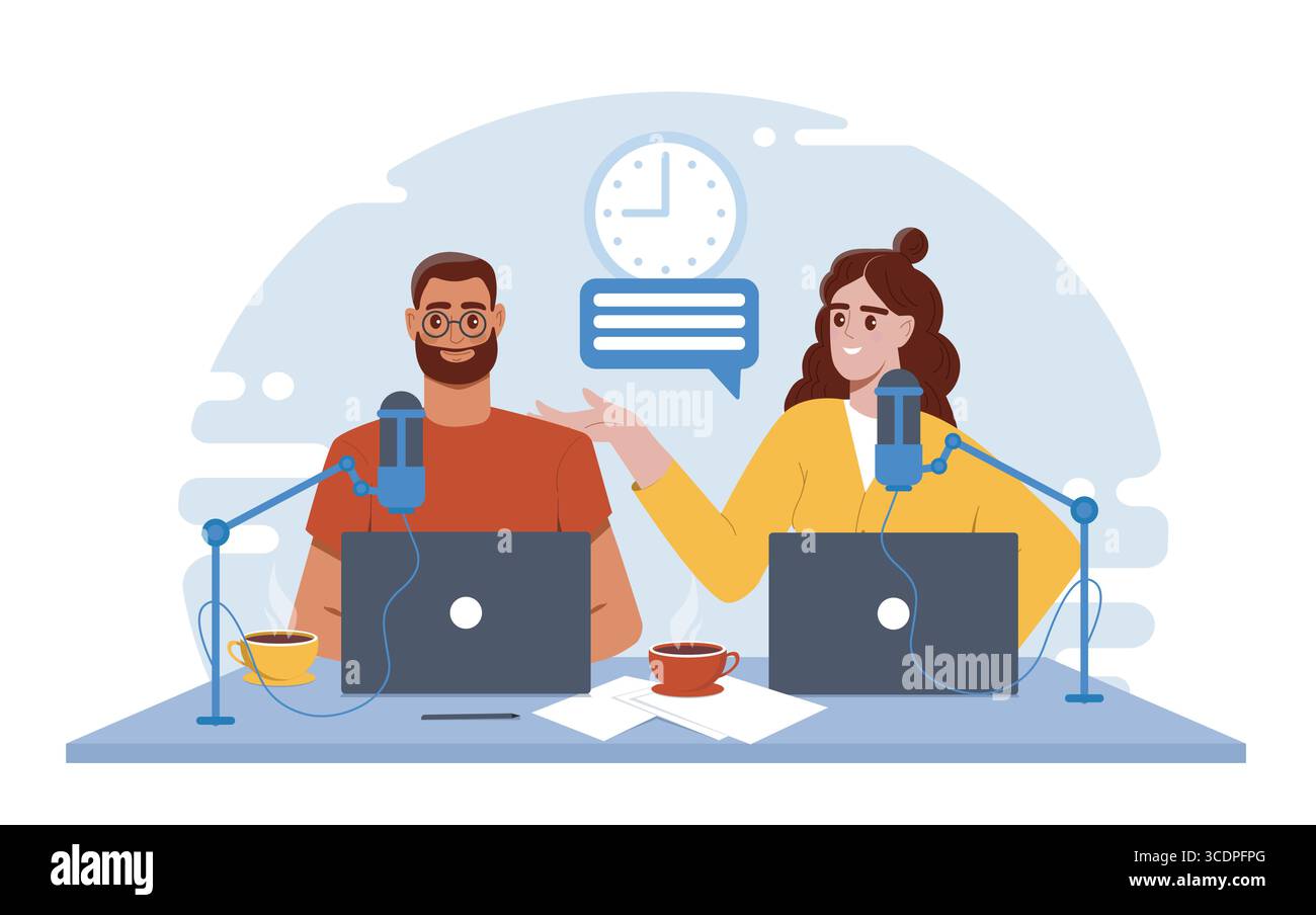Two podcasters talking in studio setup. Vector illustration Stock ...