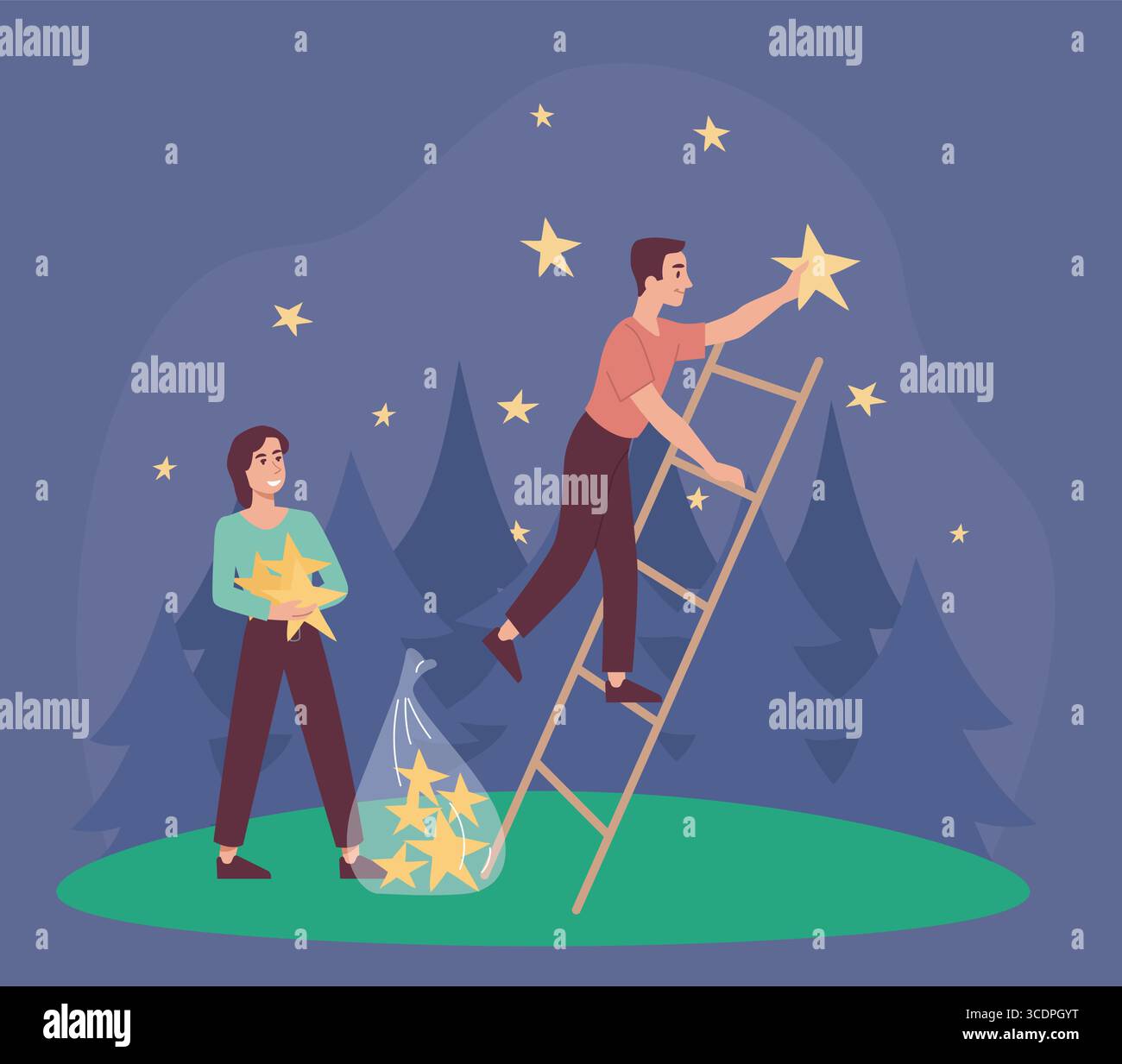 Couple collecting stars at night sky. Vector illustration Stock Vector ...