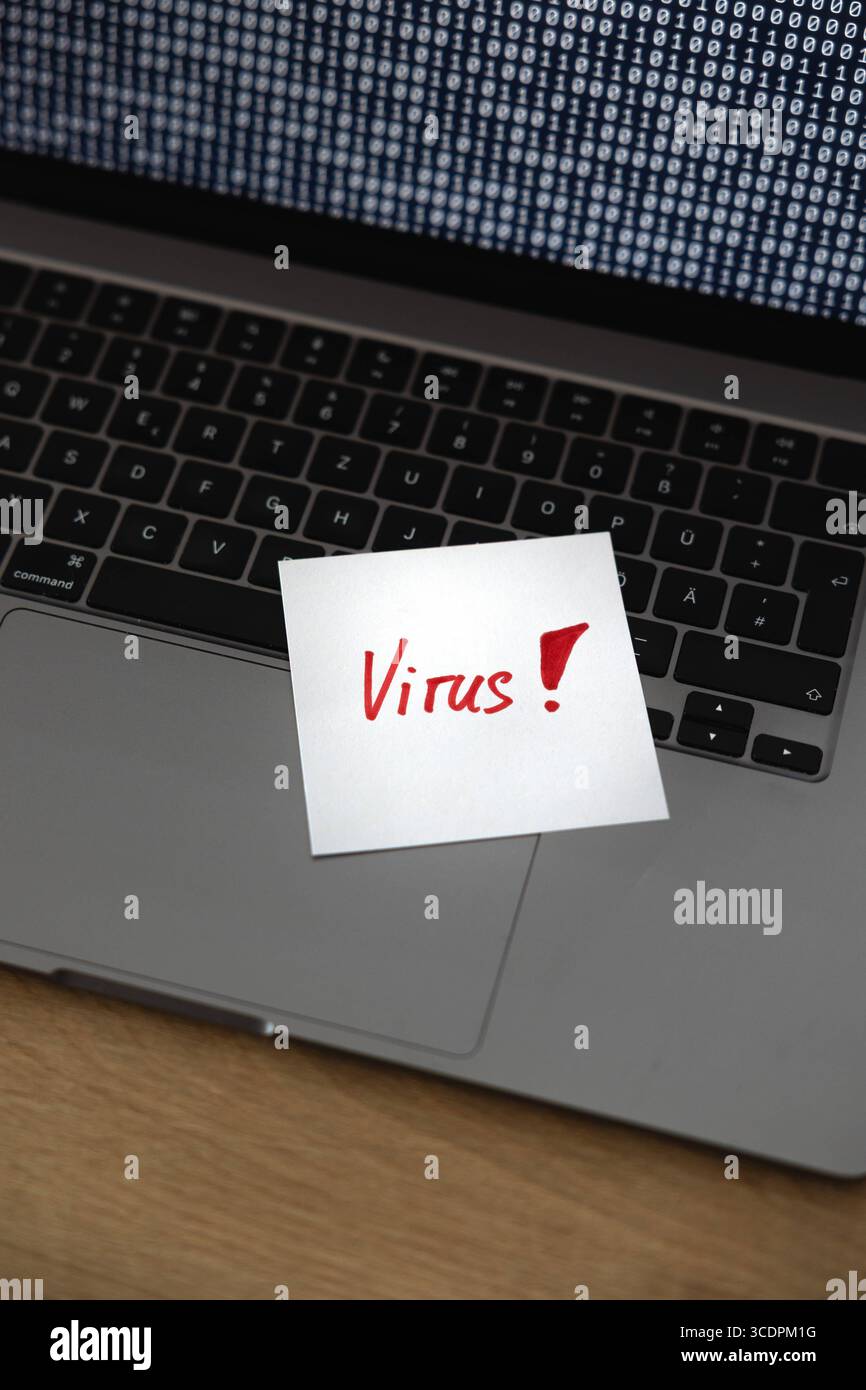 Virus, warning sign, laptop infected. Virus, warning sign, laptop infected. Binary code, bits ...