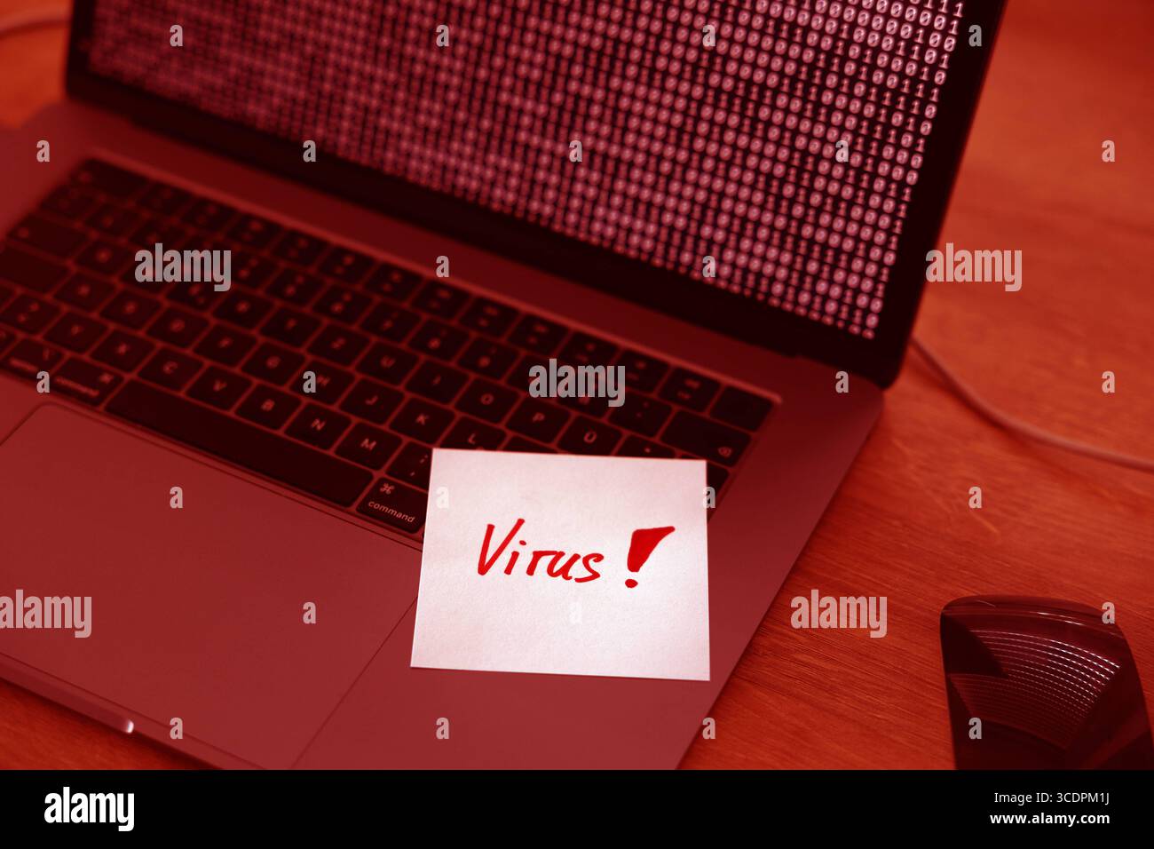 Virus, warning sign, laptop infected. Virus, warning sign, laptop infected. Binary code, bits ...