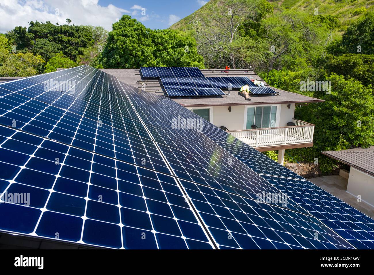 Men wearing safety harnesses installing photovoltaic panels during a ...