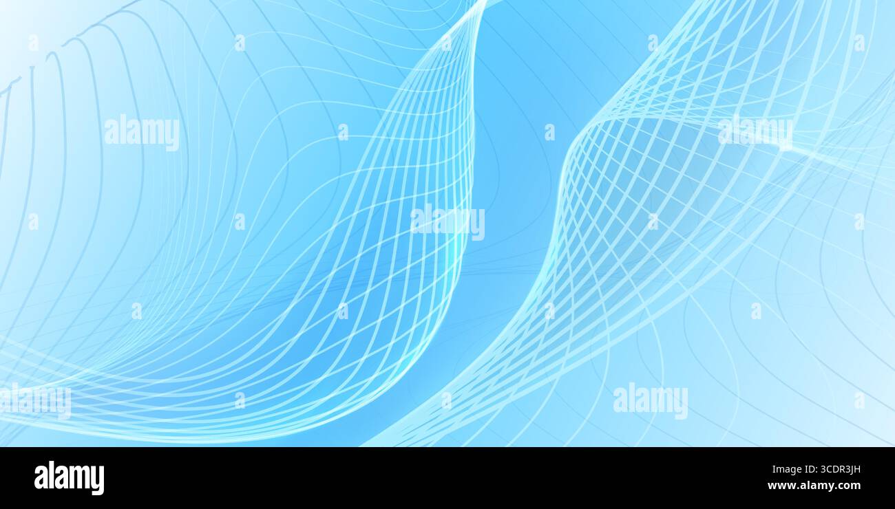Light blue abstract background with curved white lines creating a wave ...