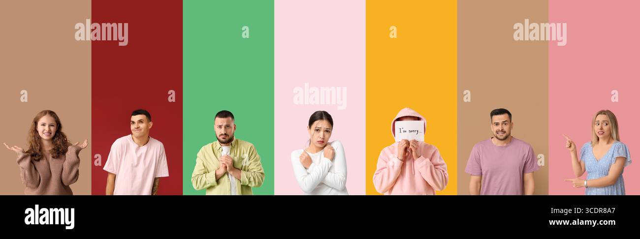 Set of apologizing and embarrassed people on color background Stock ...