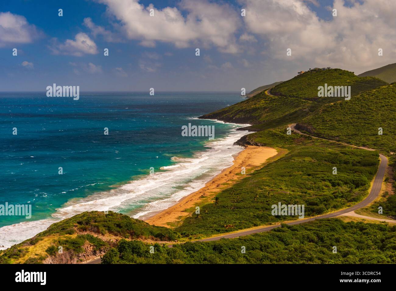 Sun-drenched and wind-swept panoramic view of South Friars Bay Beach as ...