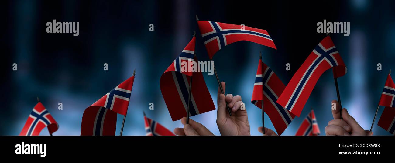 Norway flags in their hands on a blurred urban background Stock Photo ...
