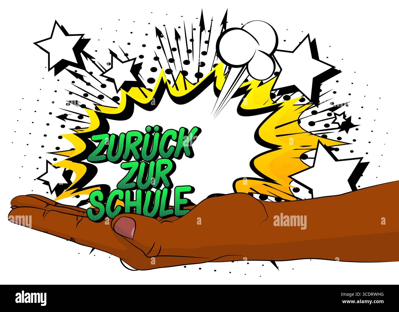 Cartoon, comic book human hands holding German text "Zurück zur Schule ...