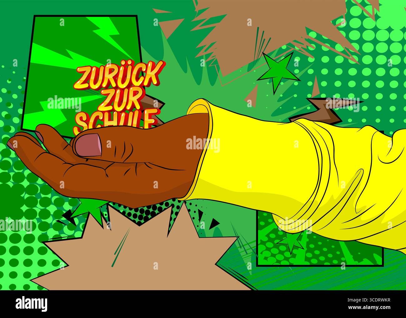 Cartoon, comic book human hands holding German text "Zurück zur Schule ...