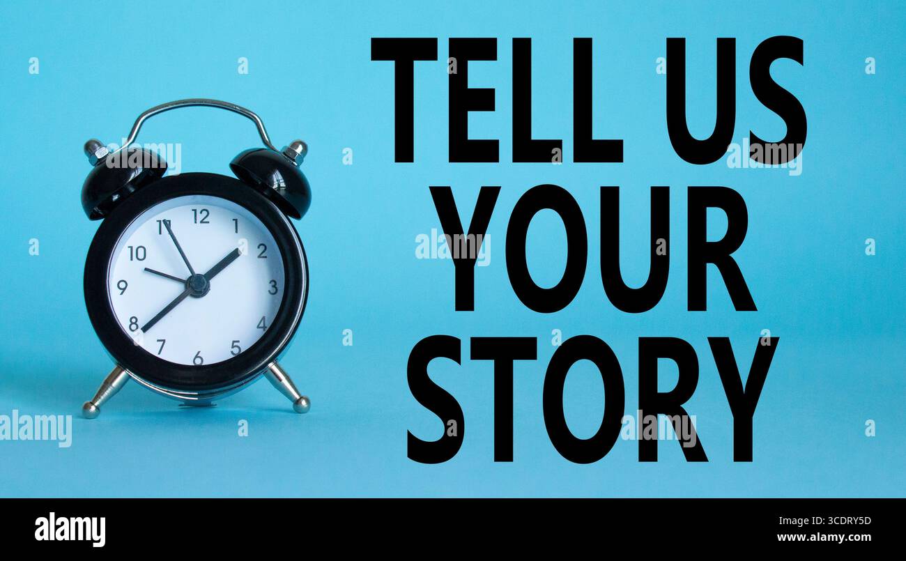 Tell us your story symbol. Beautiful blue background with alarm clock ...