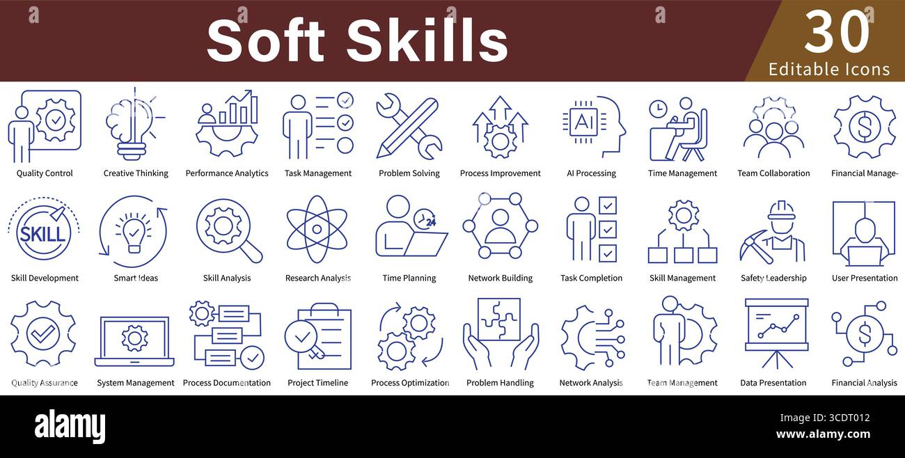 Soft Skills Icon Set in Line Style with Editable Vector for Leadership ...
