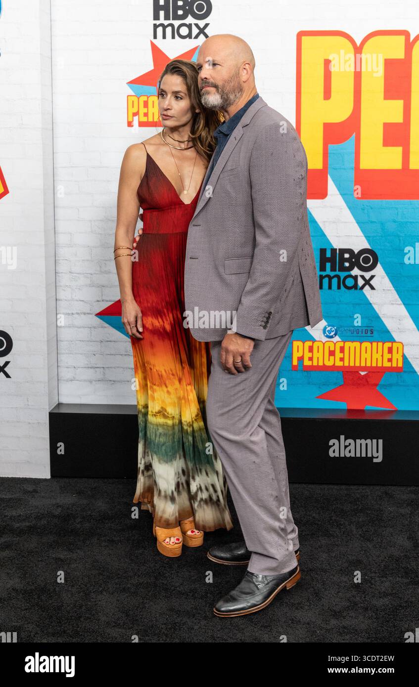 Mercedes Mason and David Denman attend Premiere of HBO Max Peacemaker ...