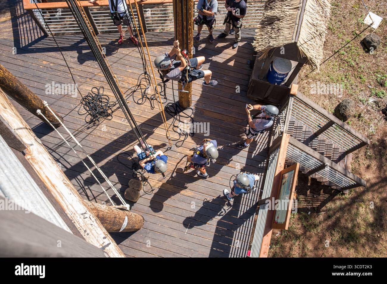 Members of a guided zip-line tour wearing climbing harness ascending ...