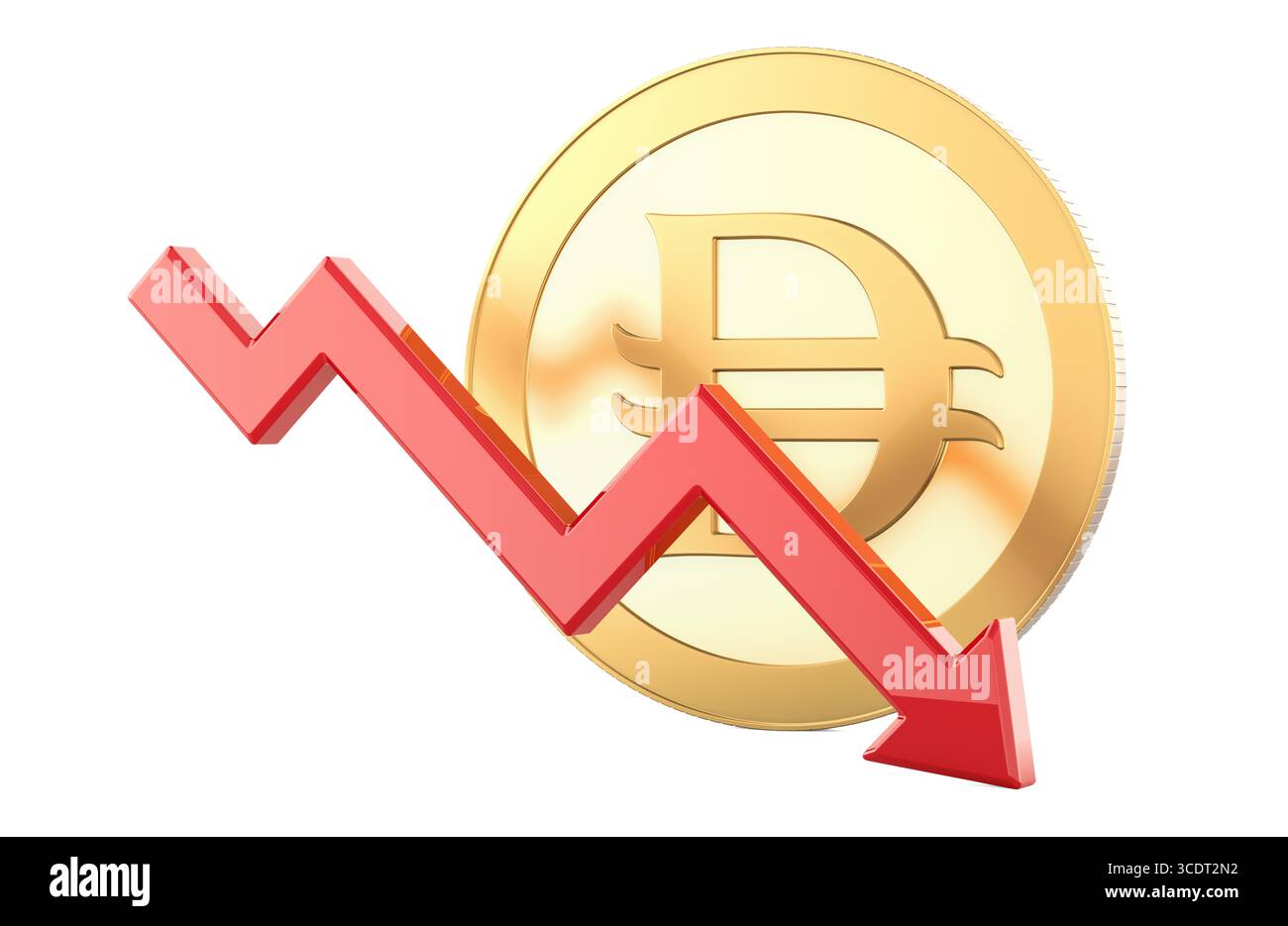 Dirham coin with red down arrow, currency drop concept. 3D rendering ...
