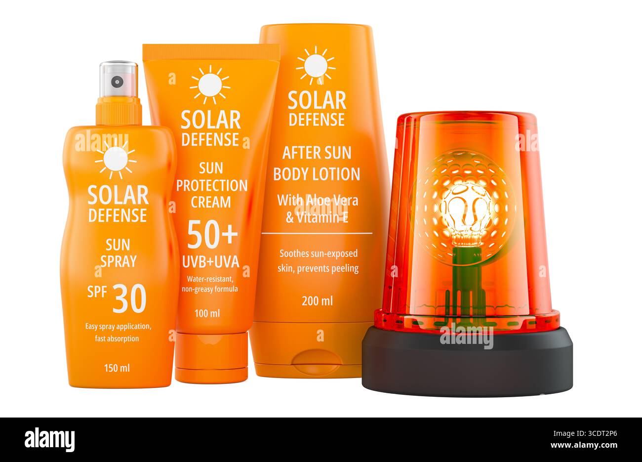 Sun protection products with warning light. UV danger concept. 3D ...