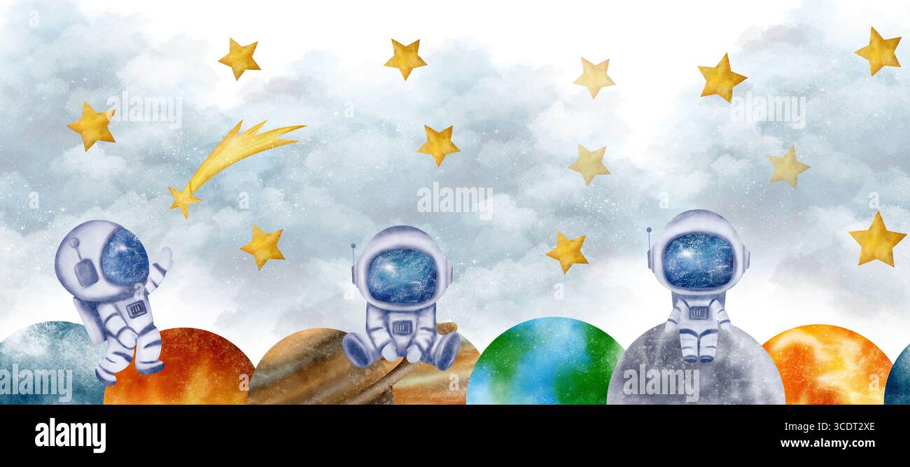 White and blue sky, clouds, stars, Moon, astronauts, cosmonauts, solar ...