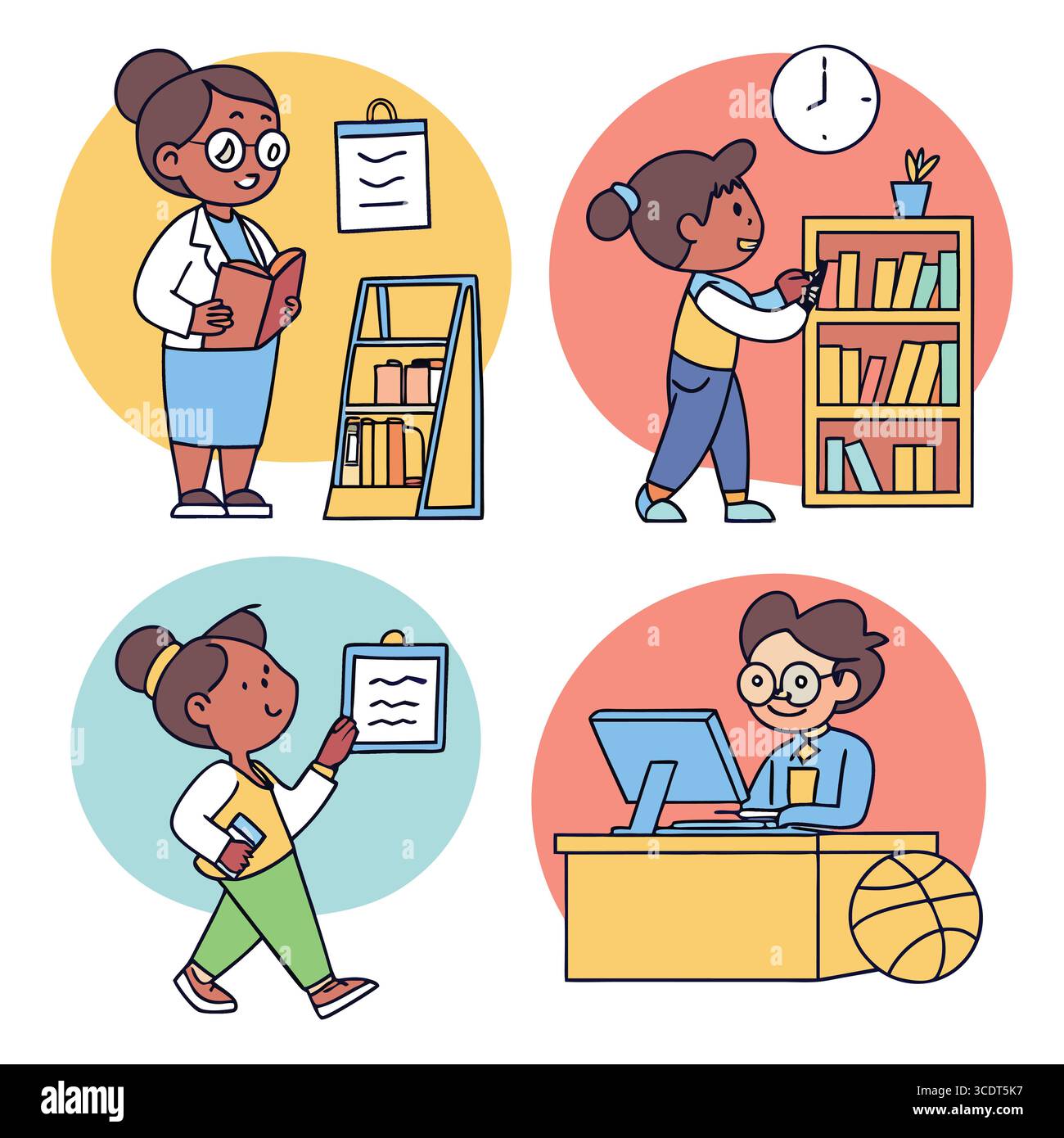 vector illustration of diverse characters in a library with bookshelves ...