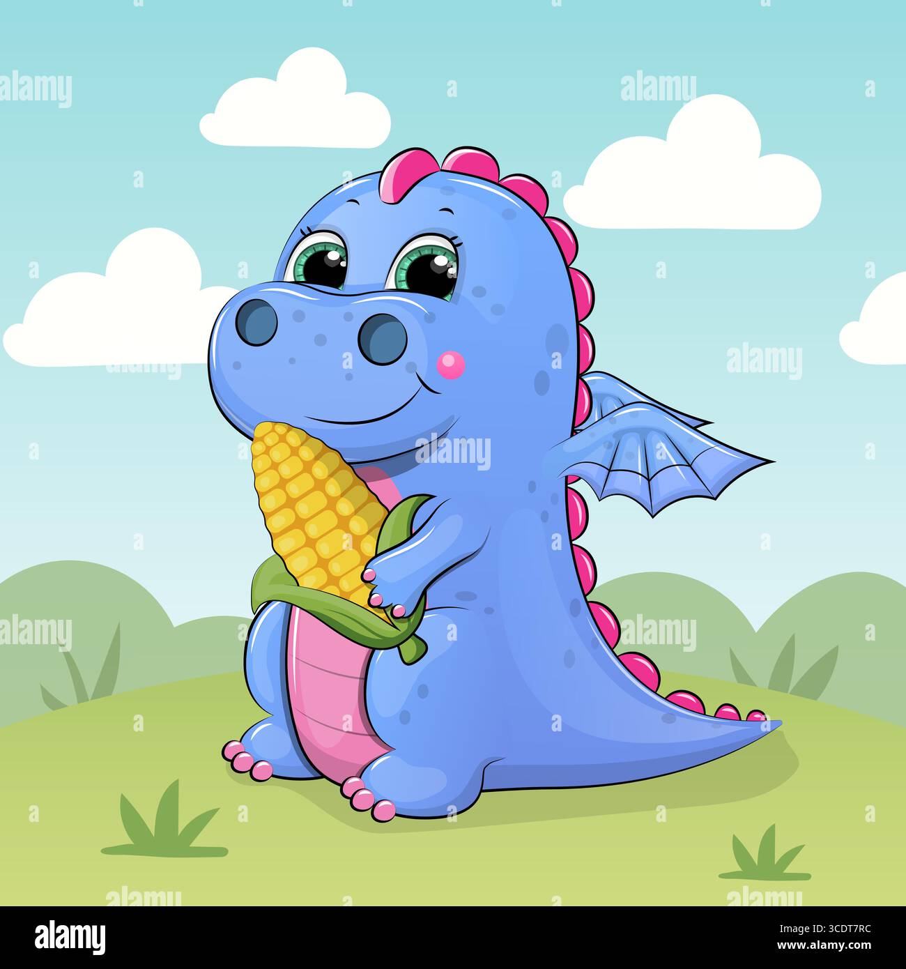 Cute cartoon Blue Dragon with a Corn in Nature. Vector illustration of ...