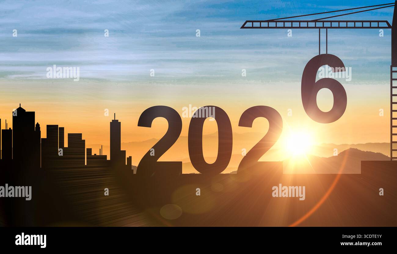Construction crane building 2026 over city. Represents urban ...