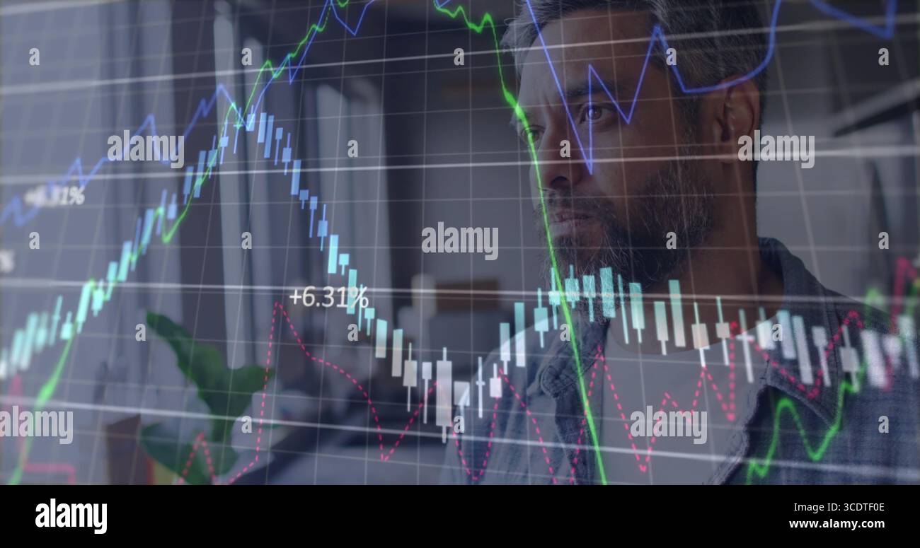 Analyzing bearded man in checked shirt tracking candlestick charts on ...