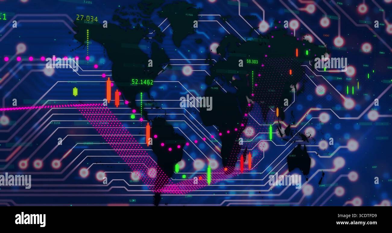 Animating world map in dashboard, with neon network lines, dot nodes, candlesticks, numeric ...