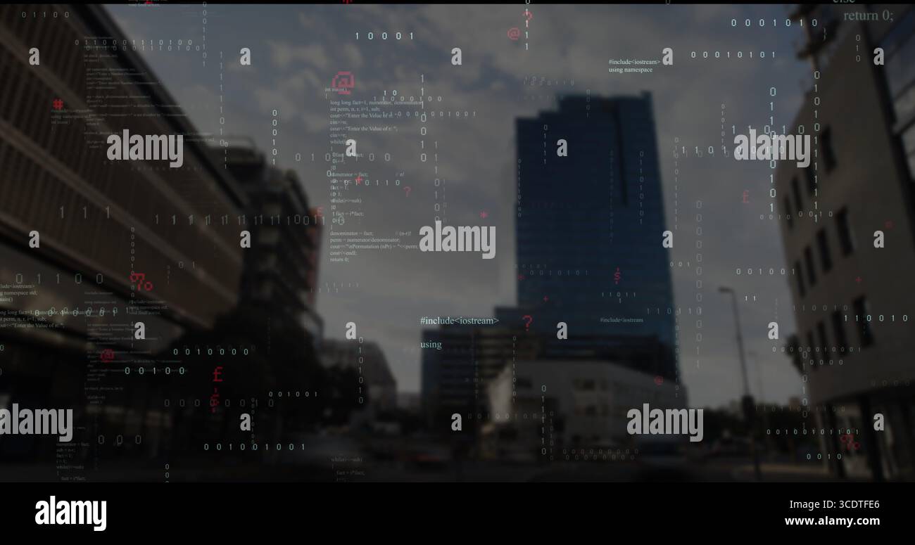 Showing city intersection with glass skyscraper and binary code ...