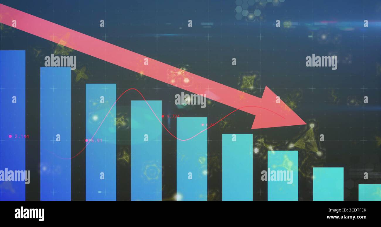 Displaying bold red downward arrow sloping over dashboard grid lines ...