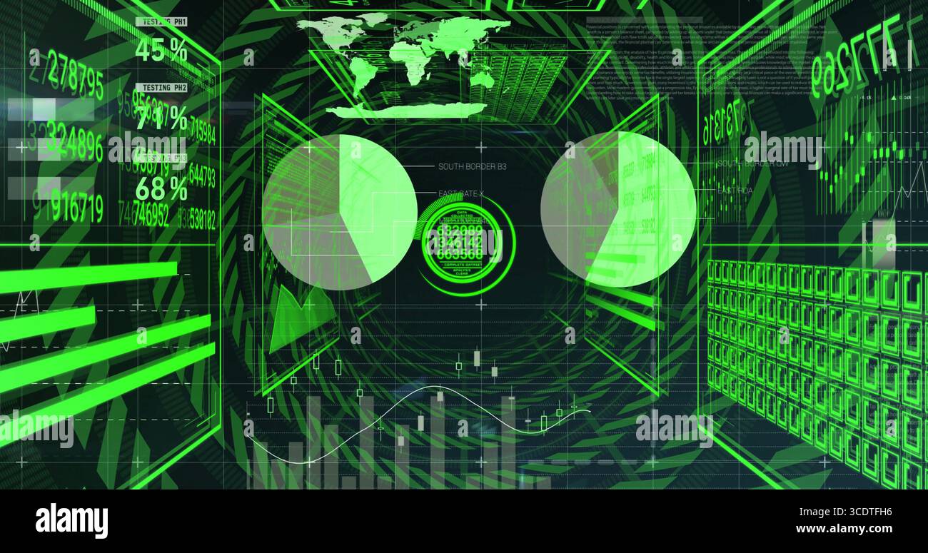 Displaying holographic control room interface with two pie charts, numeric hub and scrolling ...