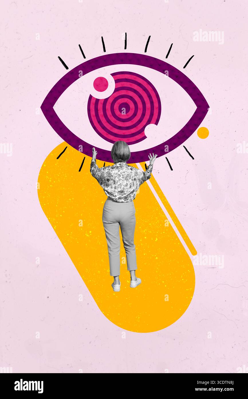 Collage of person standing under symbolic eye representing control ...
