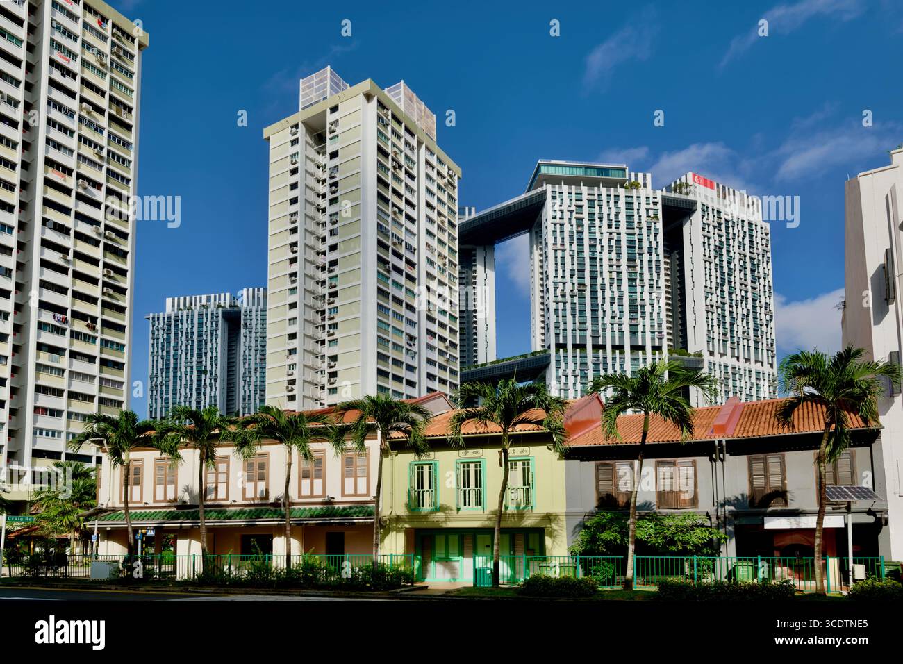 Tanjong Pagar Rd in Singapore, with trad. shophouses in front and high ...