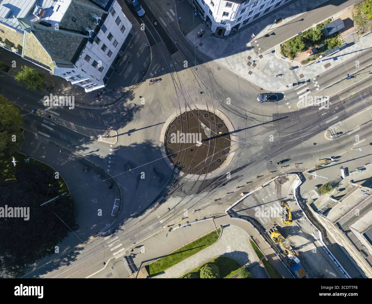 Aerial view of the roundabout where the tram lines converge, creating a ...