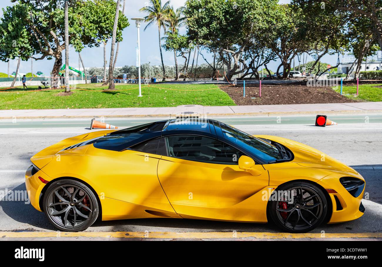Miami, Florida, USA - February 13, 2025: Luxury yellow sportscar ...