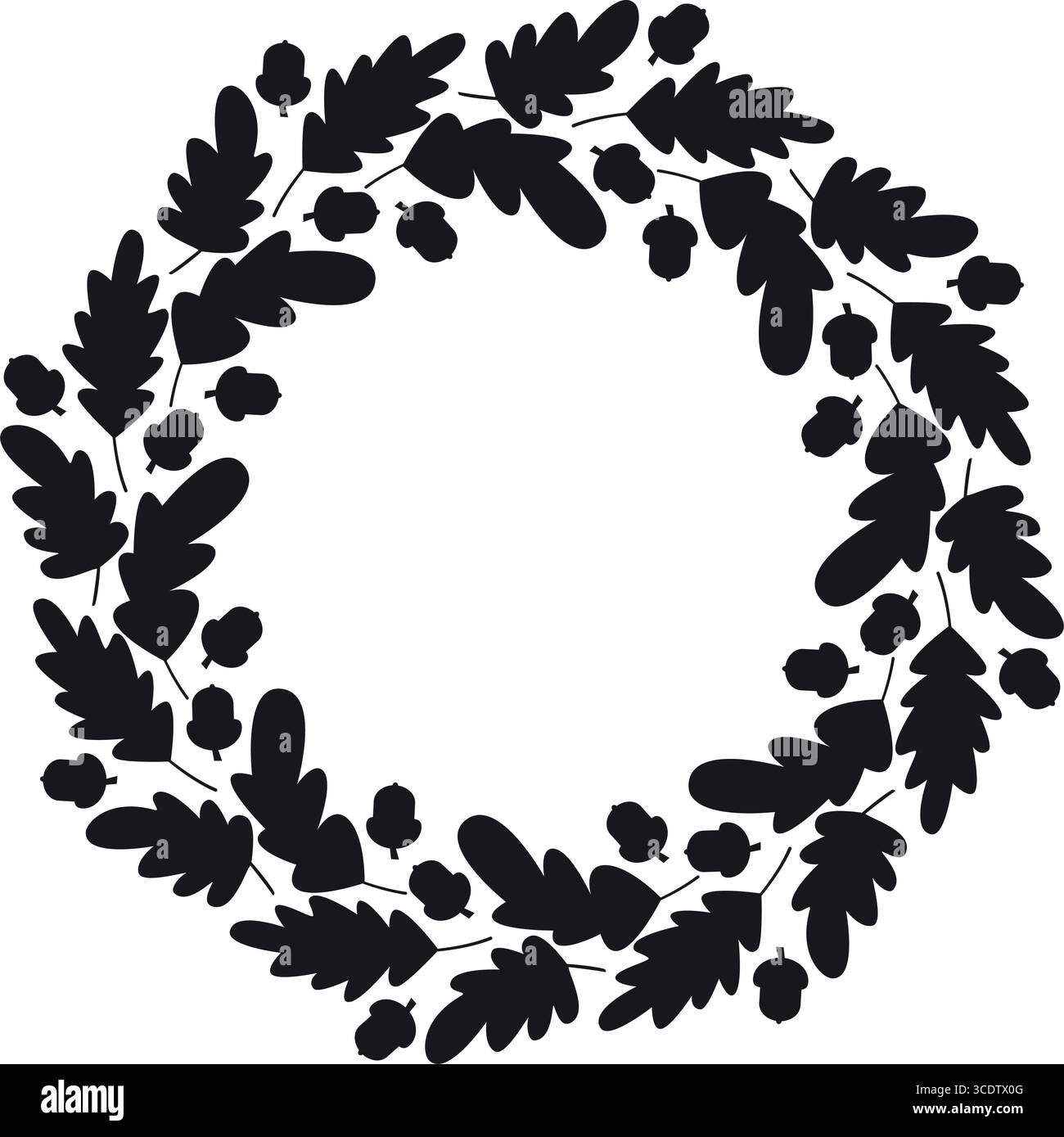 Autumn round wreath of leaves and acorns silhouette. Ink shadow ...