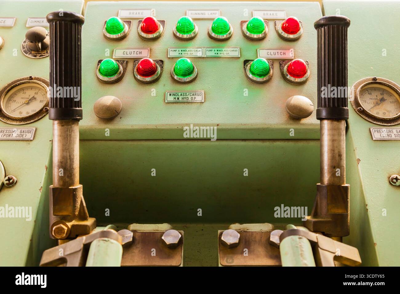 Ship gear levers, gauges, speedometers and control buttons Stock Photo ...