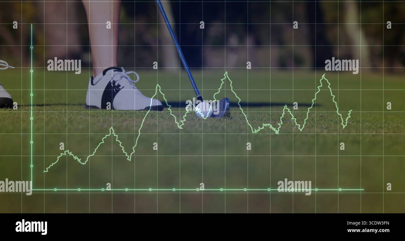 Showing golfer's legs and putter head aligning behind golf ball on ...