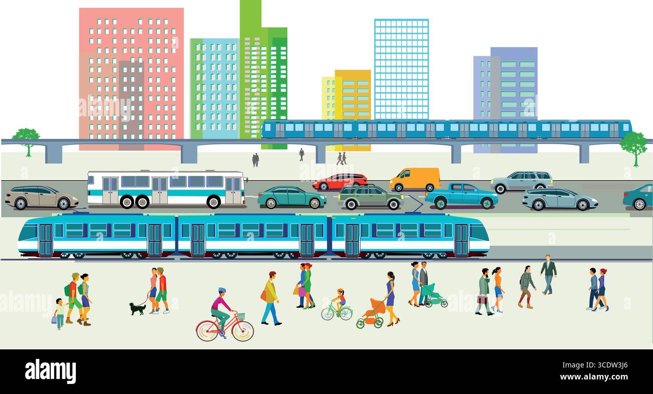 City passenger transport by bus and car, tram, illustration Stock ...