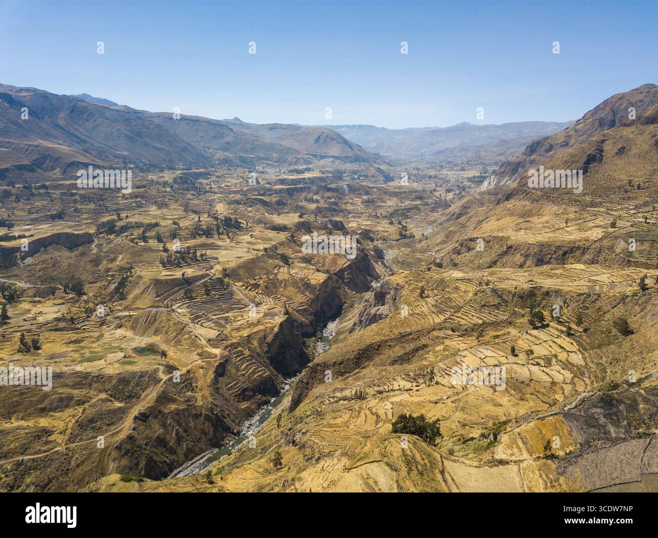 Aerial view of the deep Colca Canyon, carved by the Colca River ...