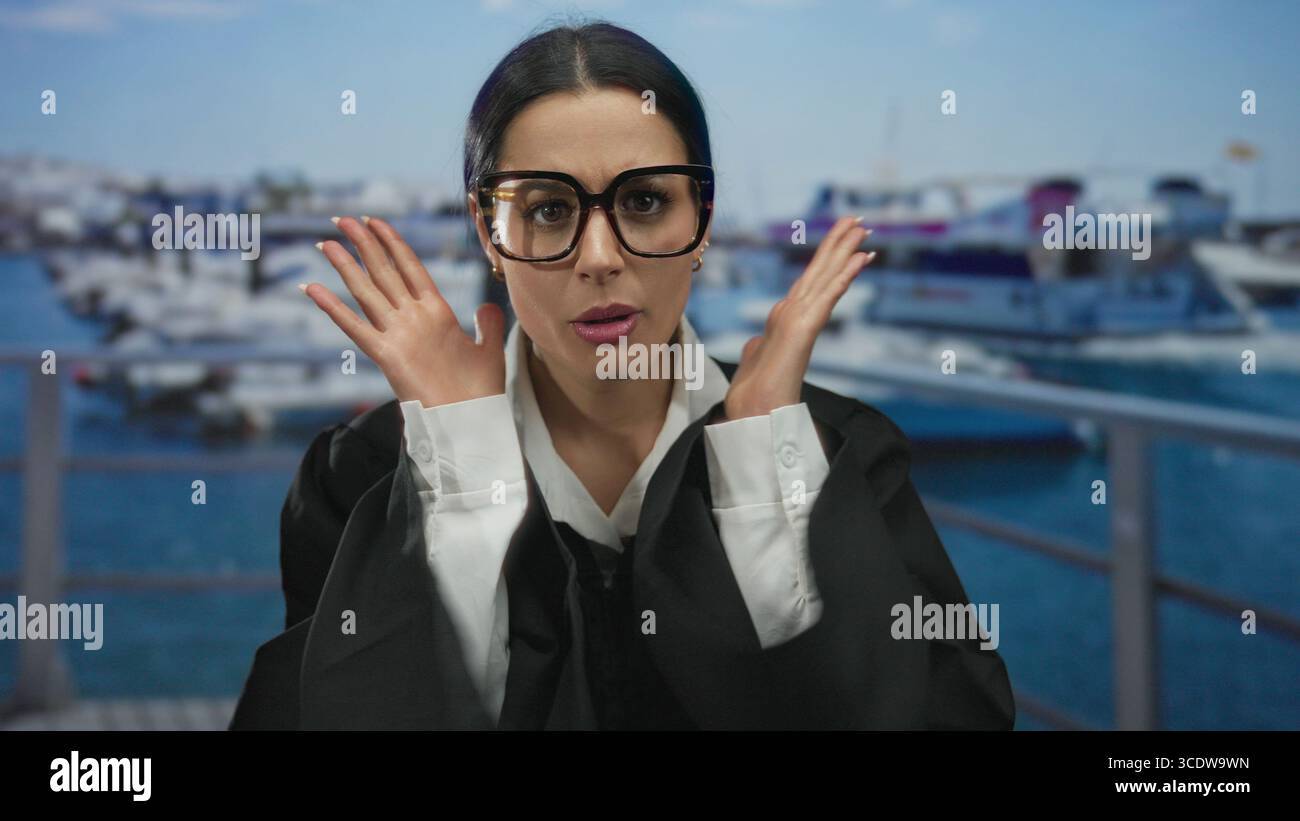Woman judge with glasses at seaside port with boats displaying confused ...