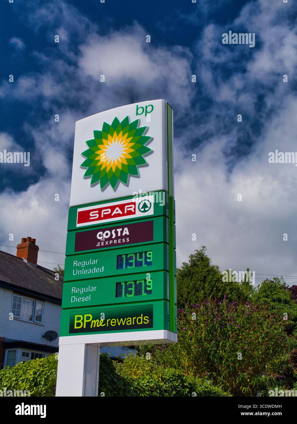 Bishop's Castle, UK - Aug 04 2025: BP fuel price sign with SPAR and ...