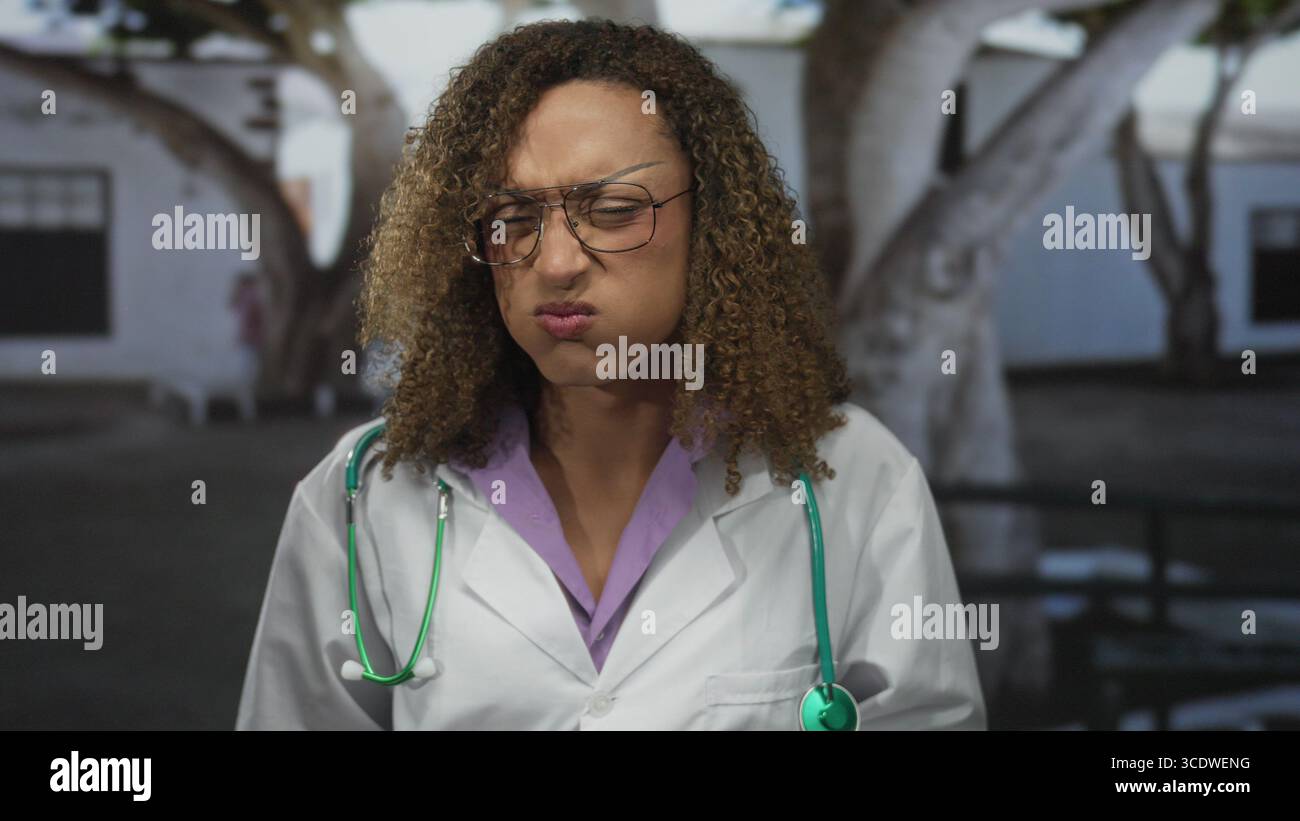 Transgender woman doctor grimaces adjusting hi-res stock photography ...