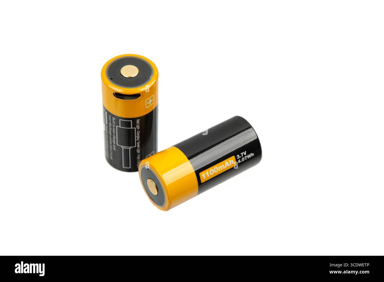 Two rechargeable lithium-ion batteries, one upright and one on its side ...
