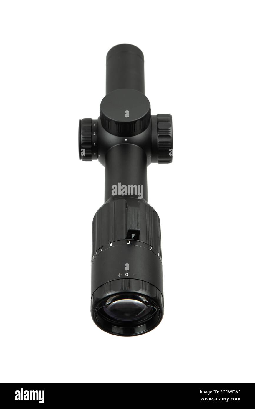 A black tactical rifle scope with adjustment knobs and magnification ...