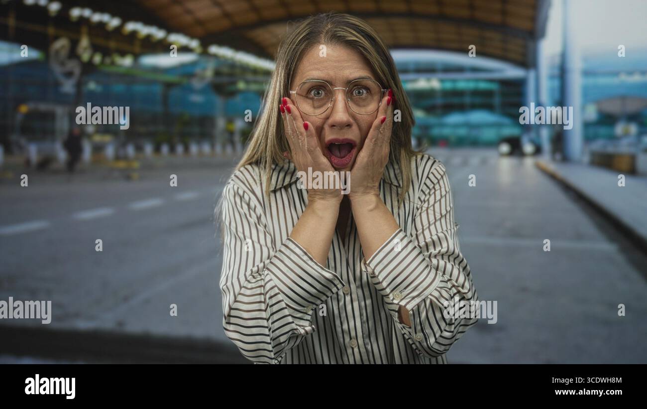 Woman with hands on cheeks and mouth open in astonishment at airport ...