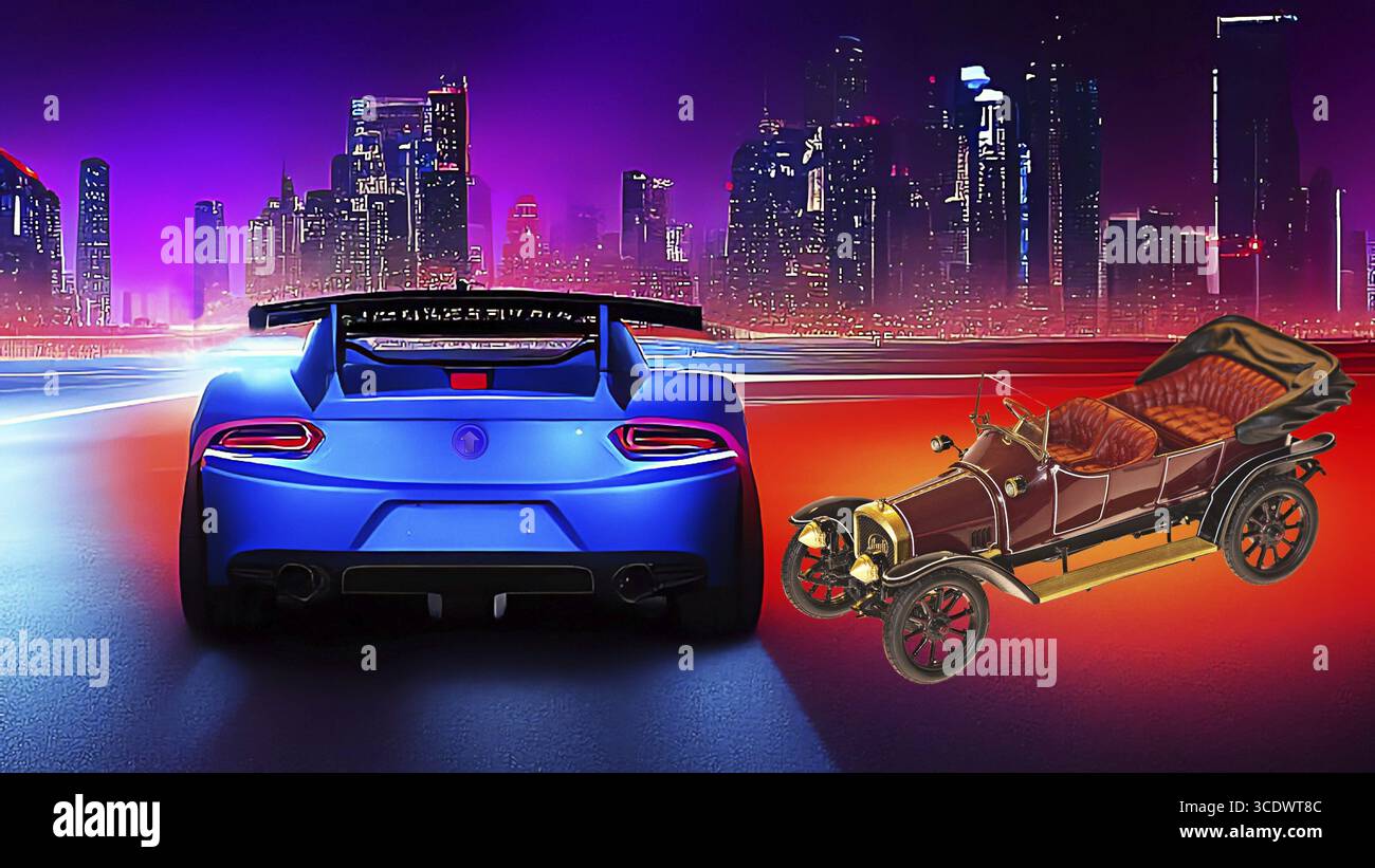 Symbolic image, automobile, comparison of classic and futuristic cars ...