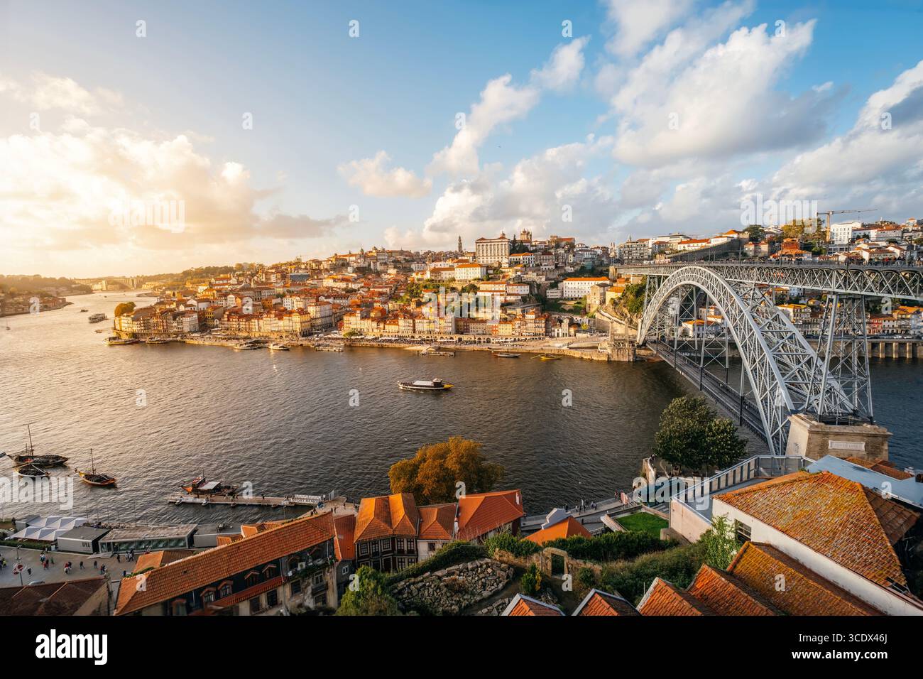 Sweeping Golden Hour Vista of Porto Historic Riverside and Dom Luis I ...