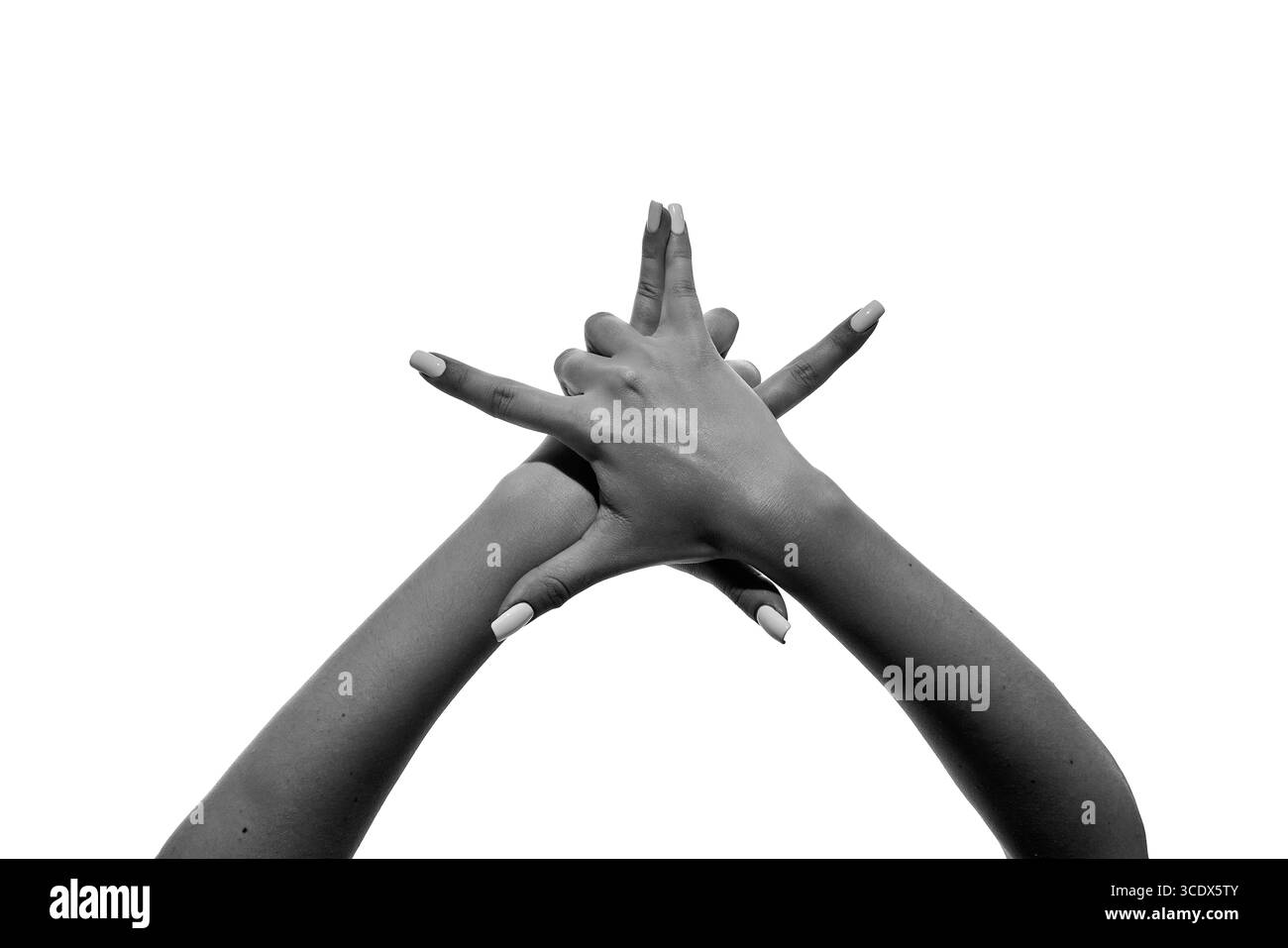 Two hands intertwined with fingers extended upward isolated on white ...
