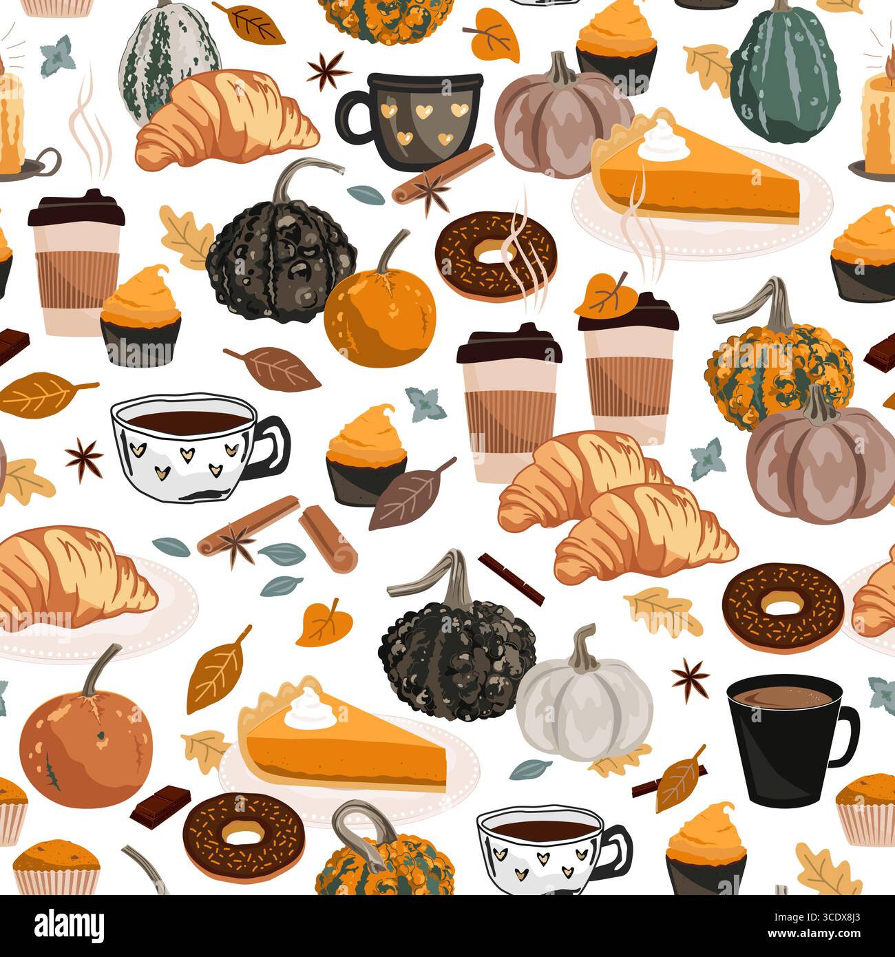 Hand drawn Fall seamless pattern with Autumn sweets, cute pumpkins, and ...