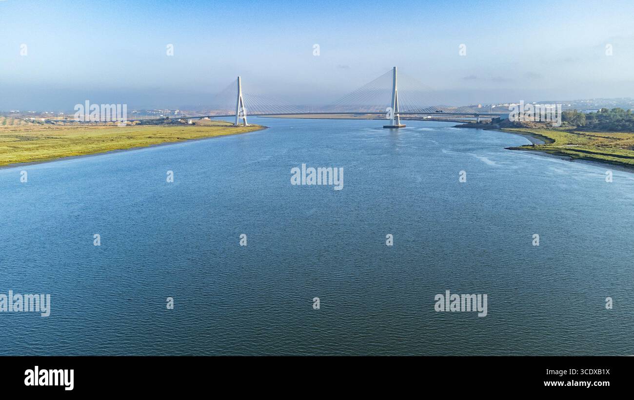 Aerial view of the river Rio Guadiana with the puente internacional del ...