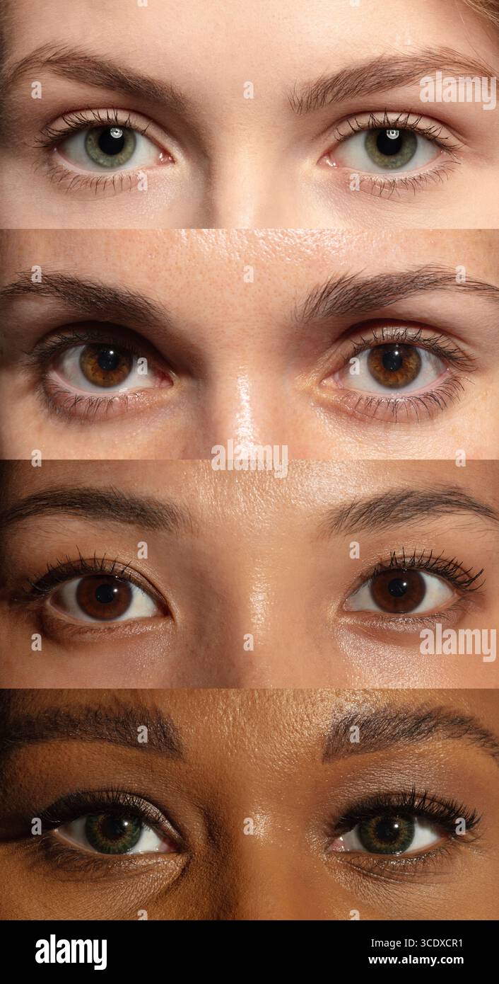 Vertical collage with series of closeup human eyes, each belonging to a ...