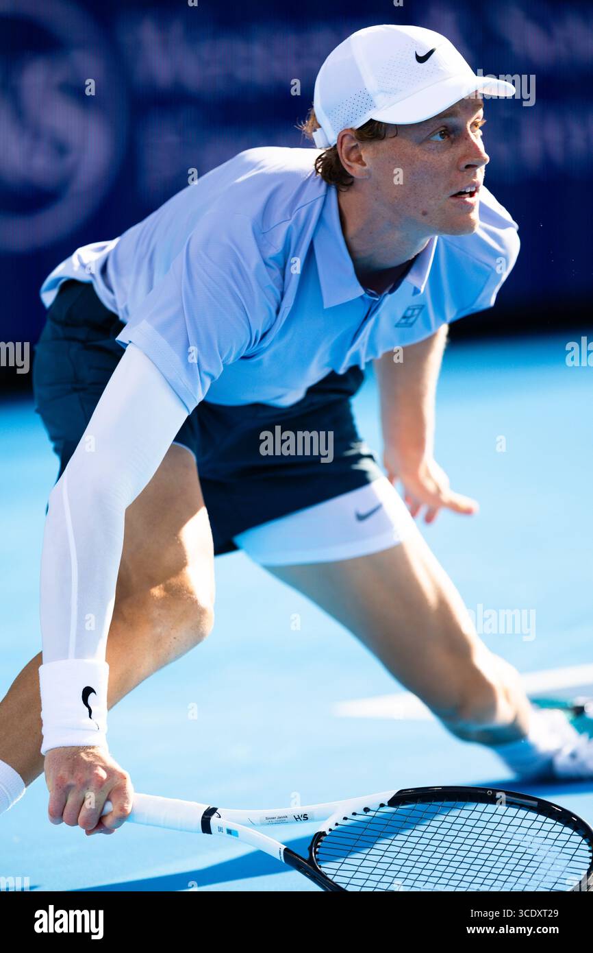 MASON, OHIO - AUGUST 13: Jannik Sinner of Italy in action against ...