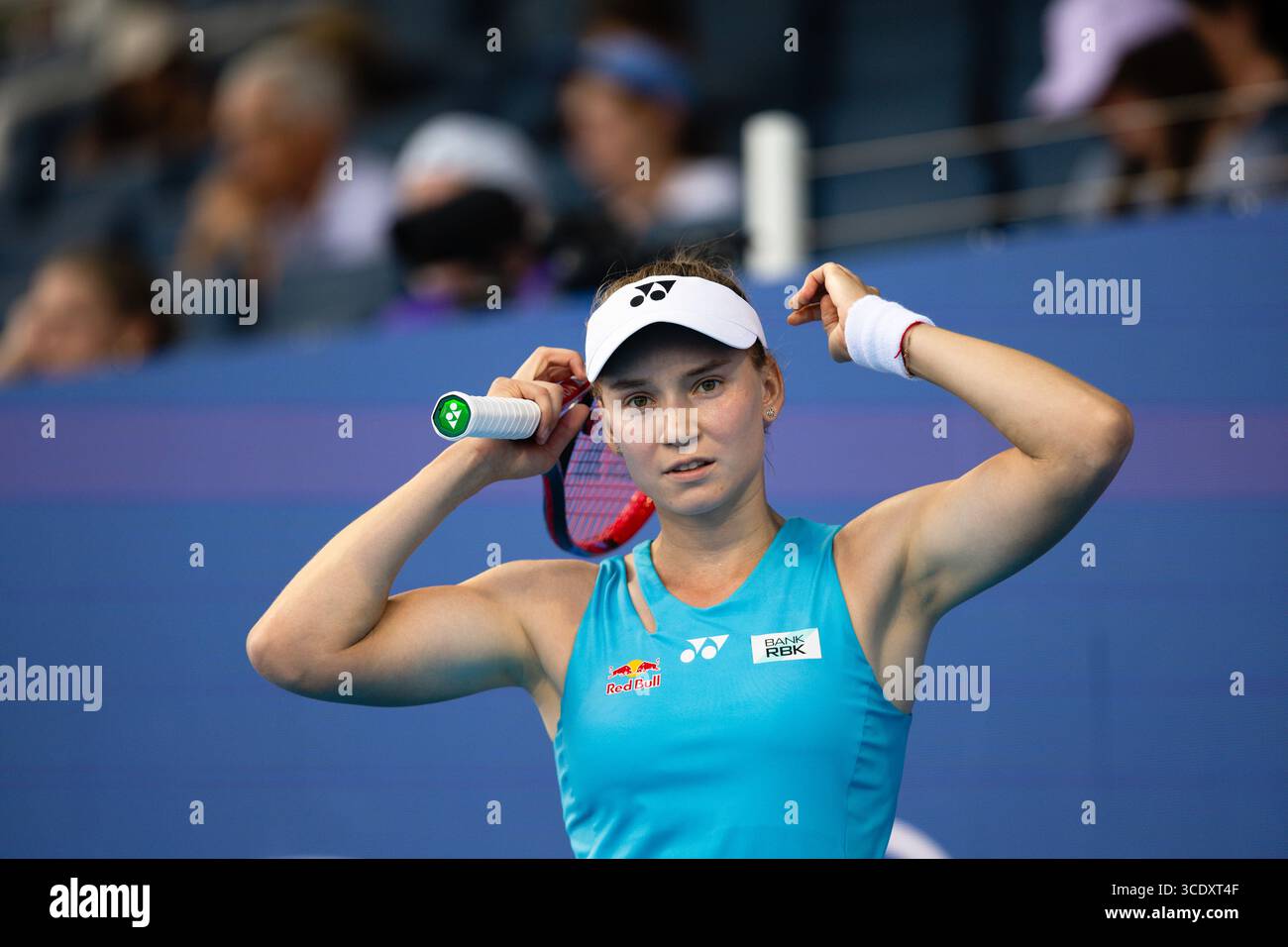 MASON, OHIO - AUGUST 13: Elena Rybakina of Kazakhstan waits to play ...
