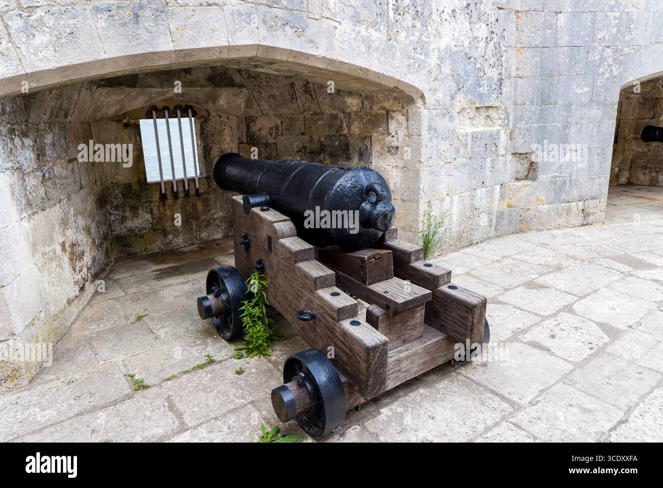 Historic black cannon standing on wooden carriage inside Portland ...